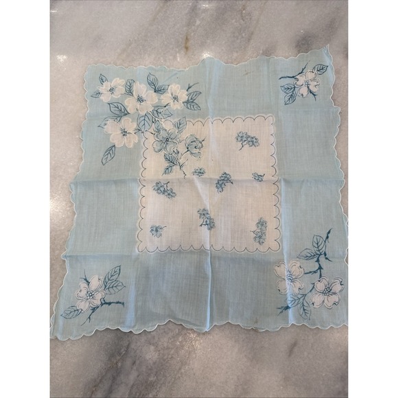 Accessories | Vintage Light Blue With Flowers Embroidered Handkerchief ...